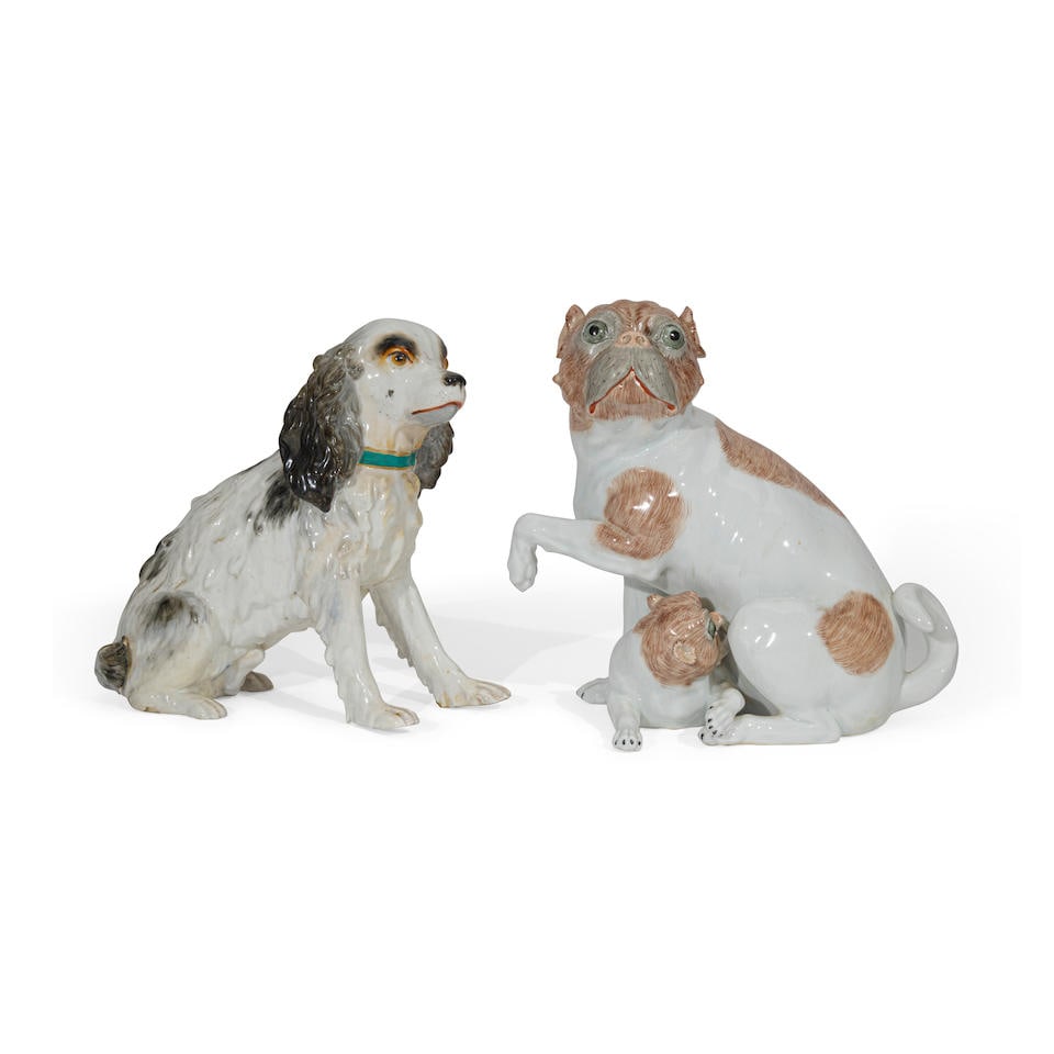 A Meissen Porcelain Spaniel And A Dresden Porcelain Pug With Pup ...