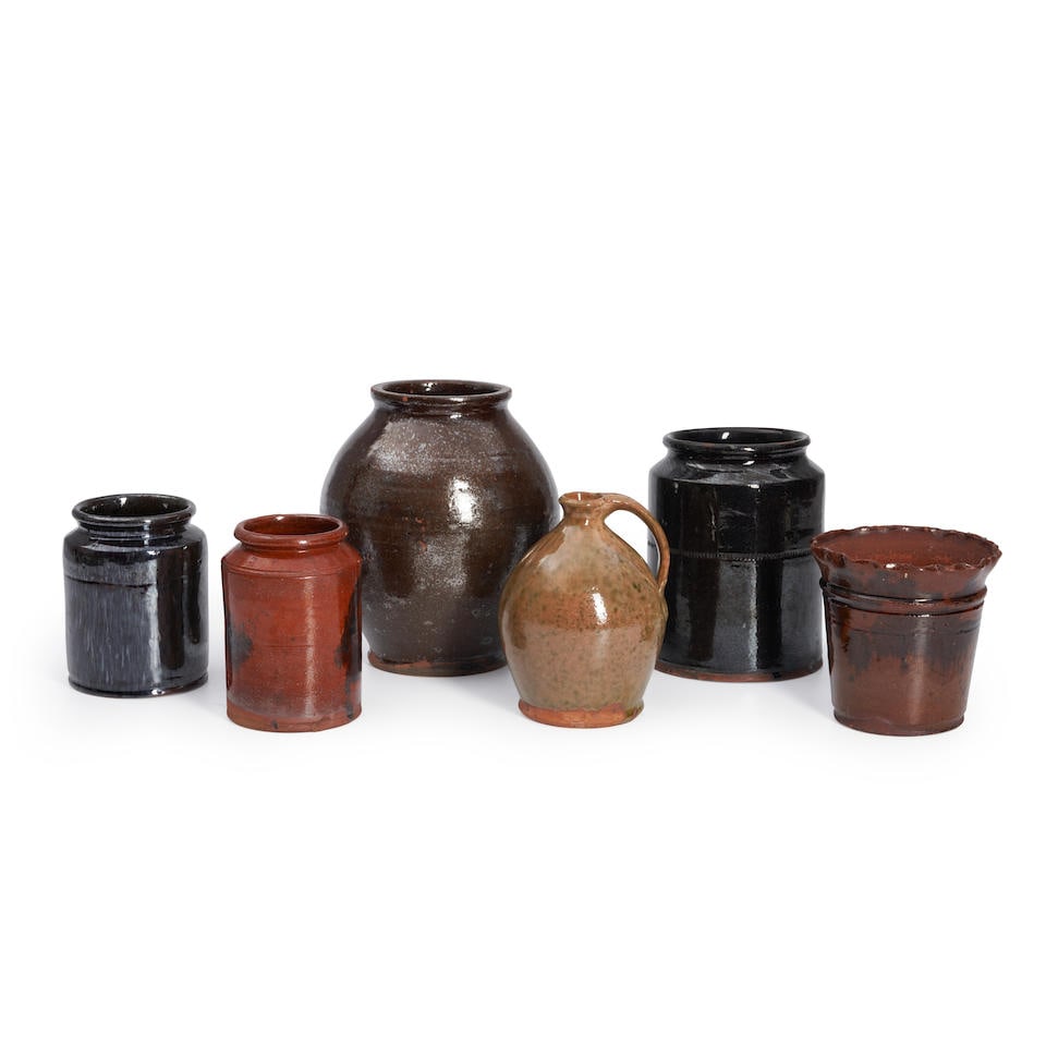 Six Glazed Redware Items, America, 19th/20th Century. Auction