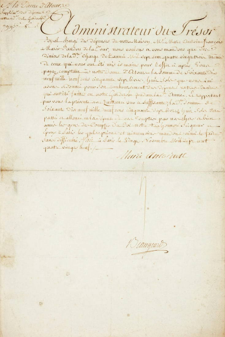 Marie Antoinette, Queen. 1755-1793. Letter Signed. Auction