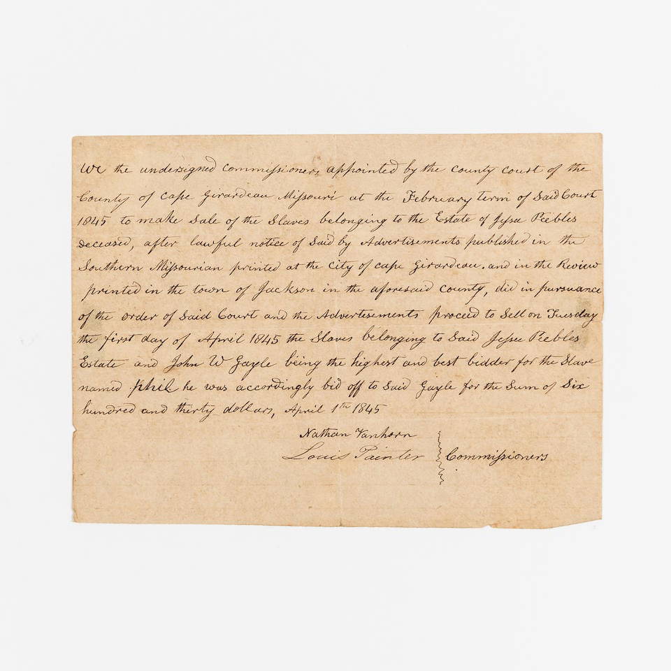 Slavery Document. Missouri Slave Sale Receipt, 1845. Auction
