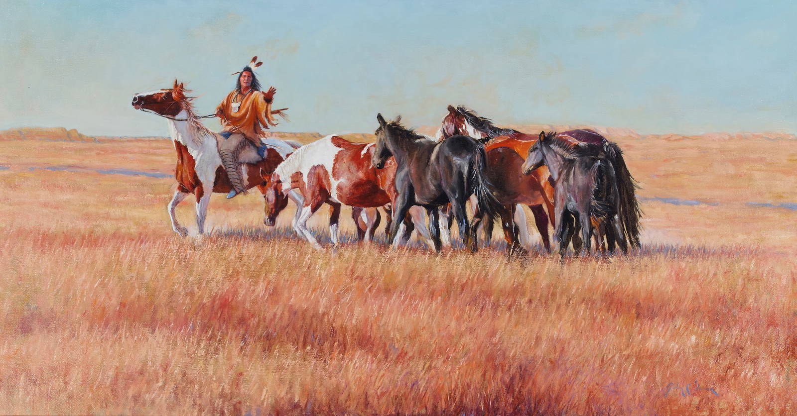 John C. Gawne (born 1952) Oglala Horse Whisperer 20 X 38 In. Framed 26 ...