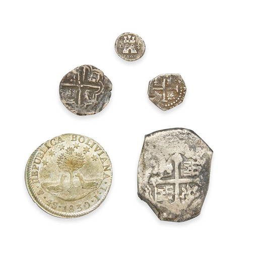 Five Spanish Colonial Silver Coins.