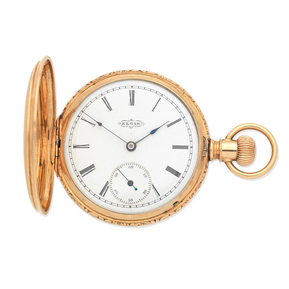 Elgin. A 14k Gold Keyless Wind Full Hunter Pocket Watch With Egyptian ...
