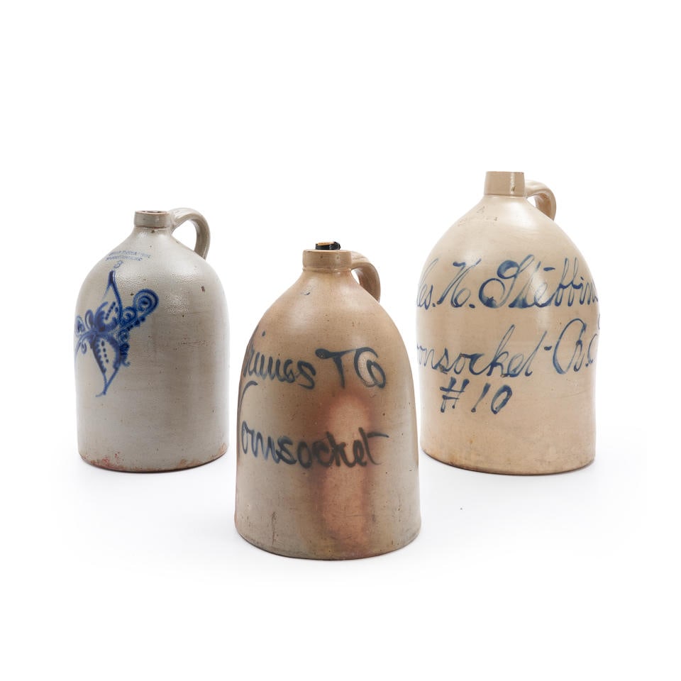 Three Large Stoneware Advertising Jugs Massachusetts And Rhode Island