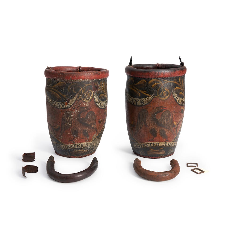Pair Of 'chester Adams' Painted Leather Fire Buckets, America, C. 1820 ...