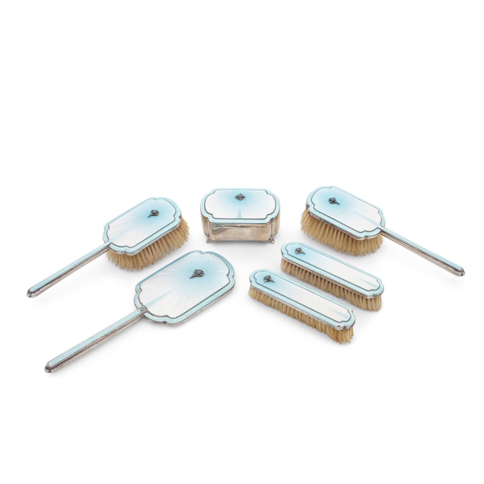 An Art Deco Six-piece Silver, Enamel Guilloche And Gem Set Dressing ...