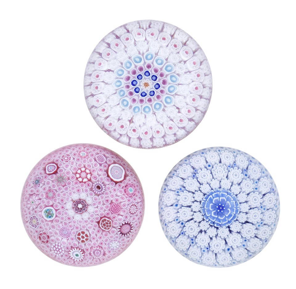 A Jim Brown Patterned Millefiori Magnum Paperweight And Two Concentric ...