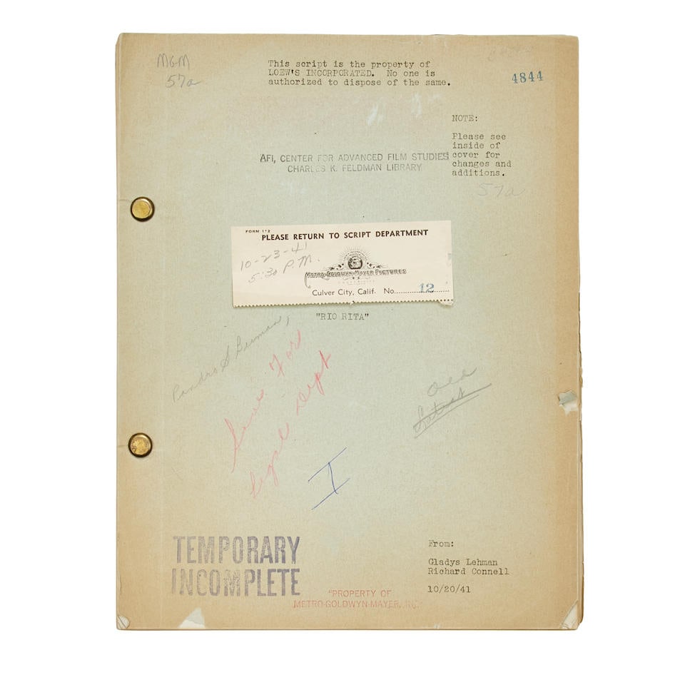 A Gladys Lehman Screenplay Of Rio Rita. Lehman, Gladys, And Richard Connell. Mimeographed Manus ...