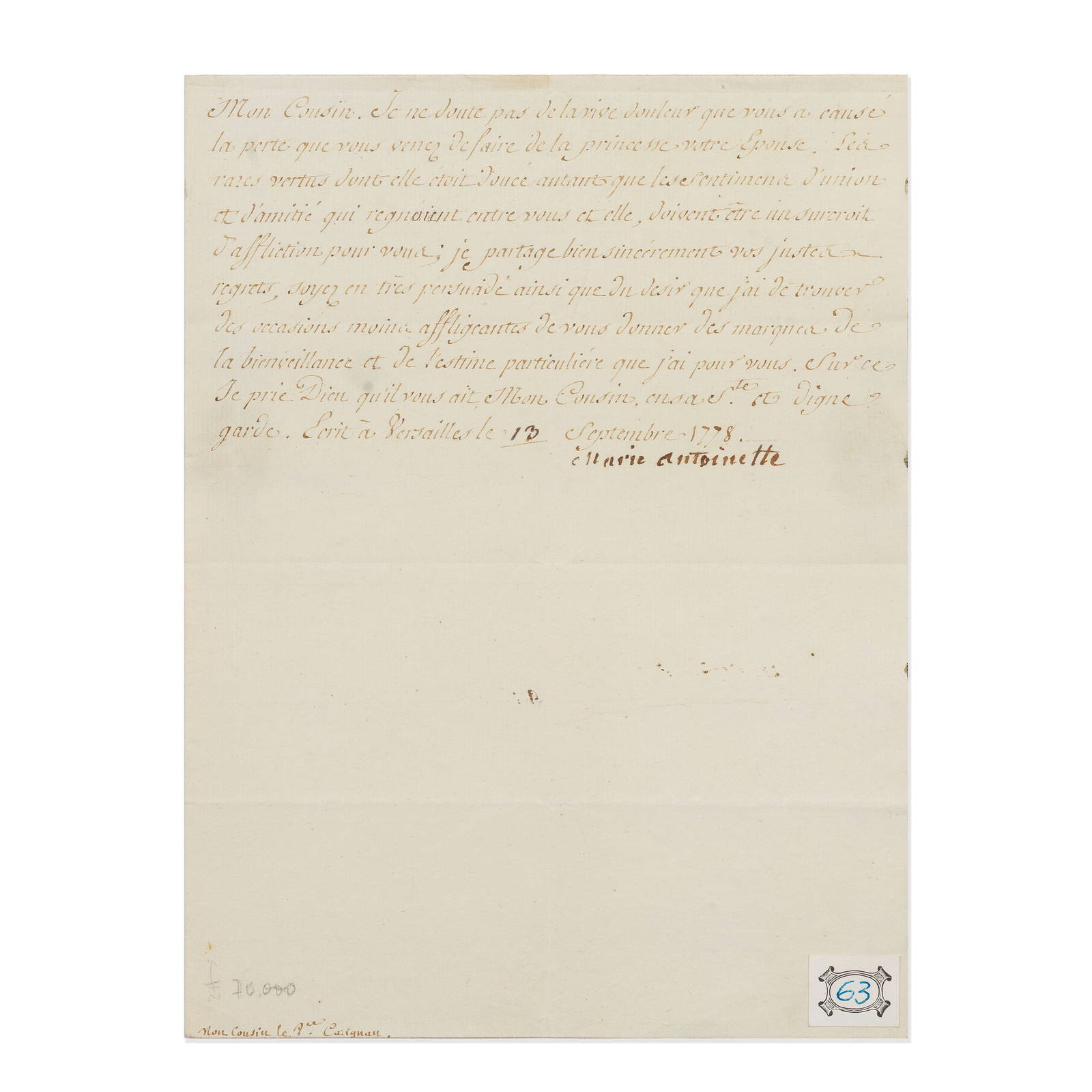 Marie Antoinette Letter Signed ('marie Antoinette'), Versailles, 13 ...