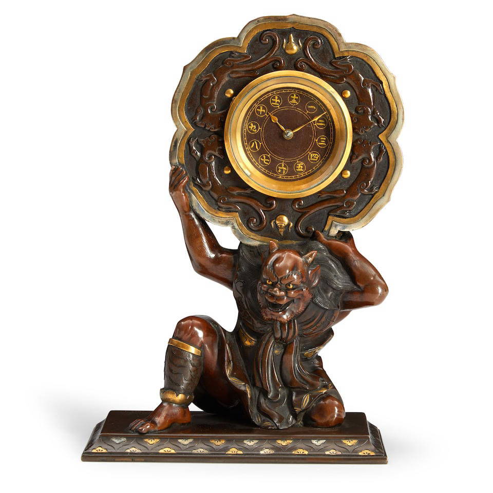 Attributed To Miyao A Mixed Metal-inlaid Bronze Table Clock With Oni ...
