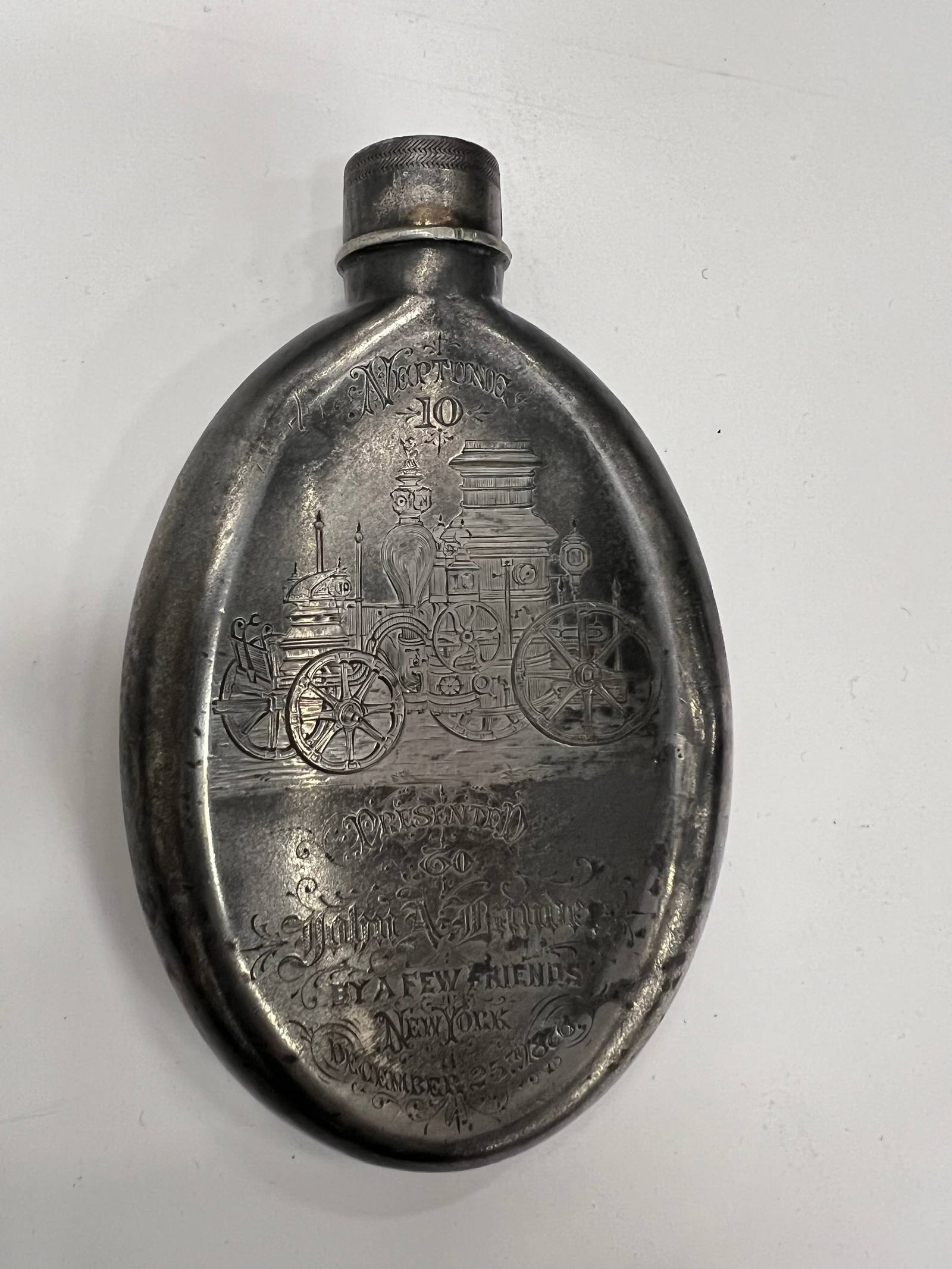 Two Engraved Flasks, One With An Early Veteran Car And One With An ...