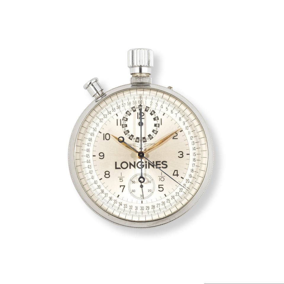 Longines. A Stainless Steel Keyless Wind Open Face Split Second ...