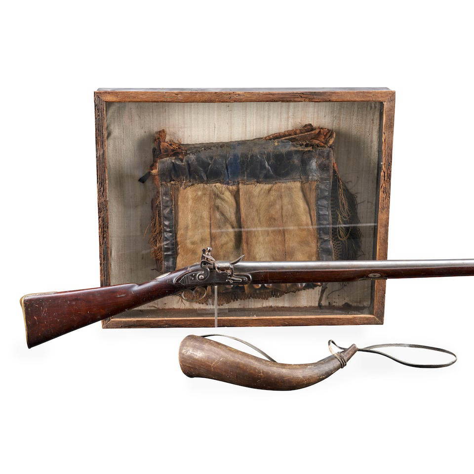 Massachusetts Militia Musket, Deerskin Pack, And Plain Powder Horn, Auction