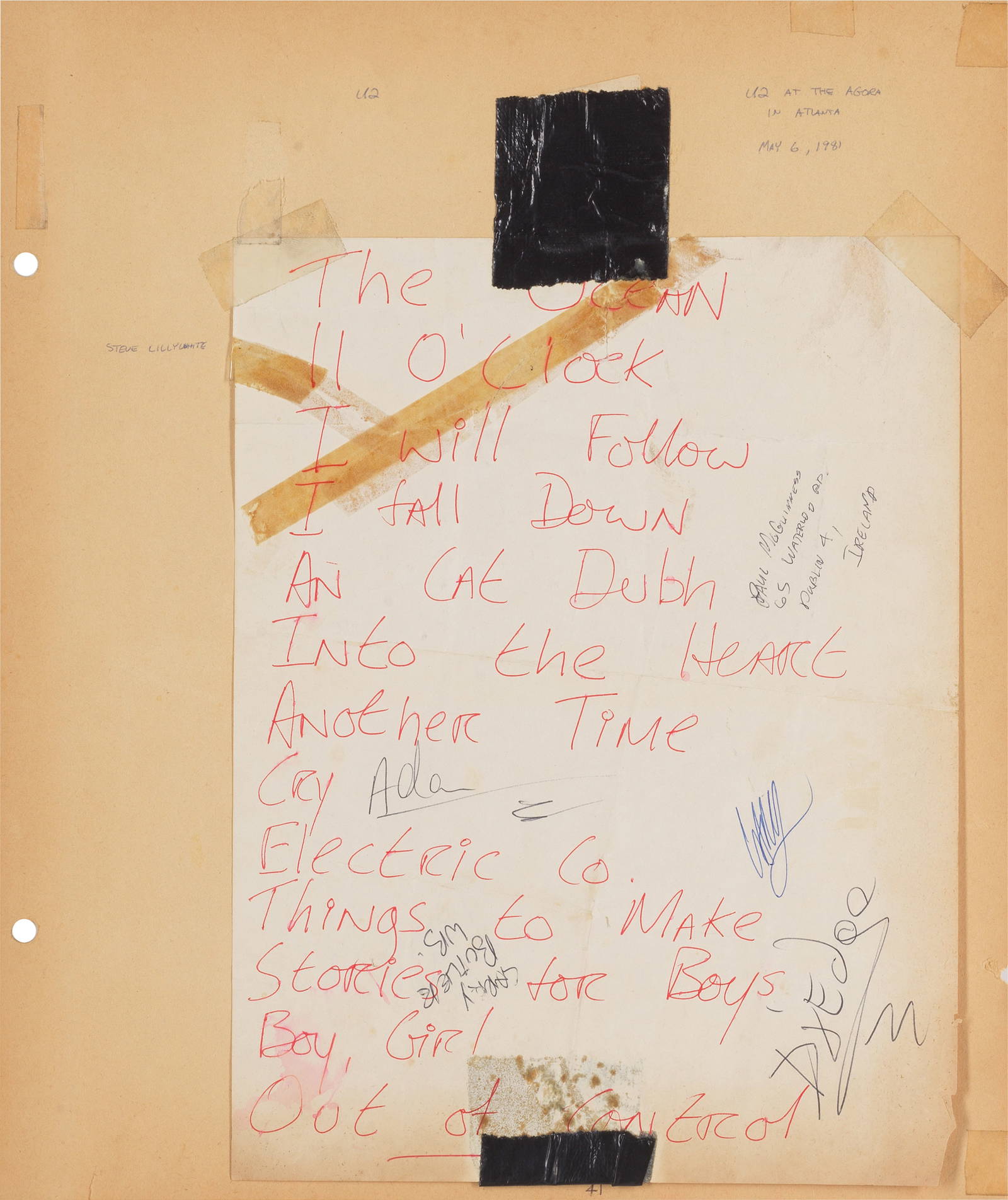 U2: An Autographed Handwritten Setlist From The Band's Boy Us Tour, Leg ...