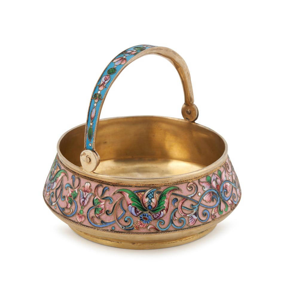 Russian .874 Silver-gilt And Cloisonne Enamel Silver Sugar Basket, Auction