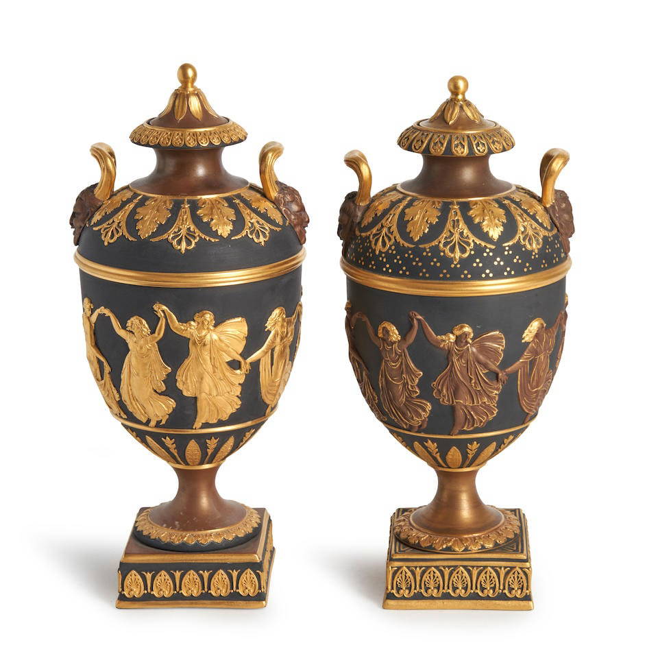 Two Wedgwood Bronze And Gilt Black Basalt Vases And Covers, England, Late 19th Century, Auction
