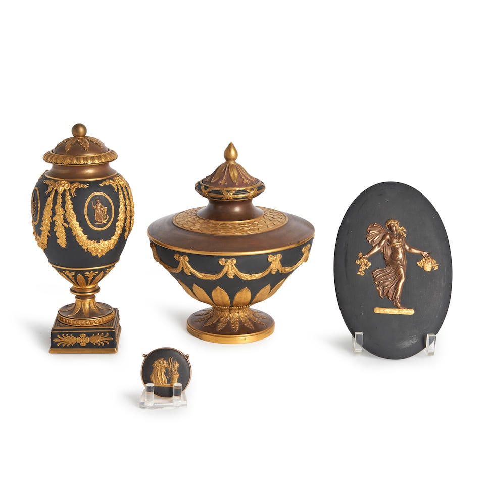 Four Wedgwood Bronze And Gilt Black Basalt Items, England, Late 19th ...