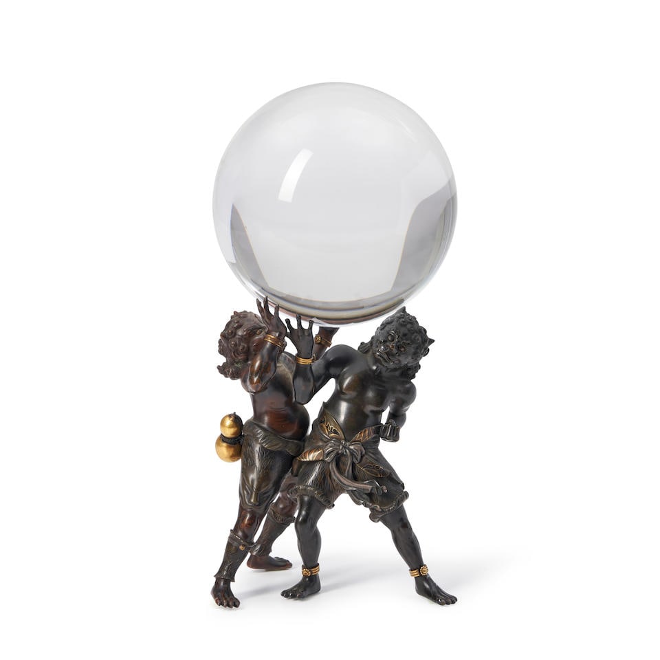 Bronze Group Of Two Oni With Glass Sphere Auction