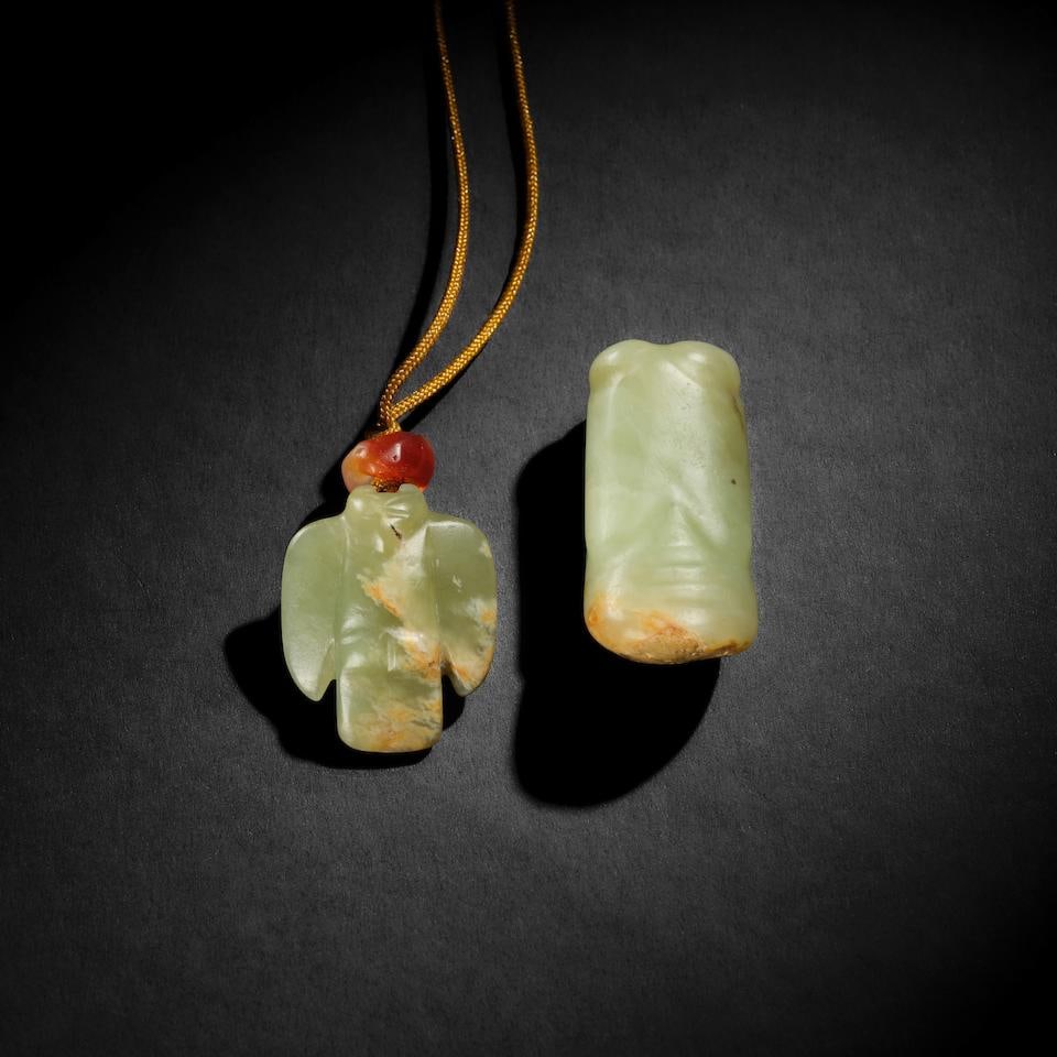 An Archaic Jade Cicada And An Archaic Green Jade Bird-shaped Pendant ...