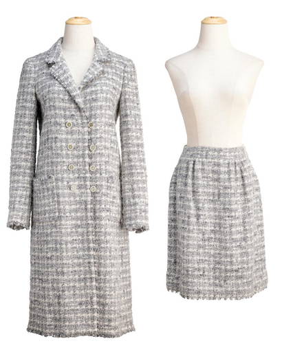 Chanel: Tweed Silver Long Jacket With Double Breasted And Mini Skirt Cc ...