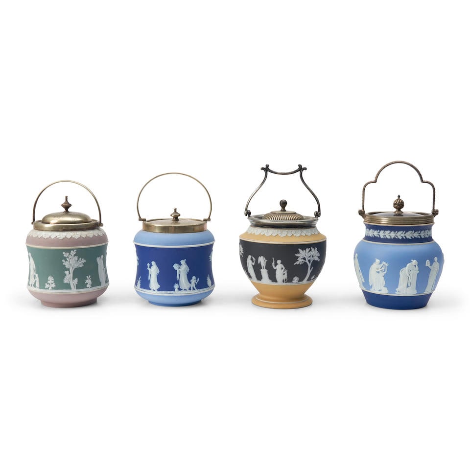 Four Wedgwood Tricolor Jasper Dip Biscuit Jars, England, Late 19th ...