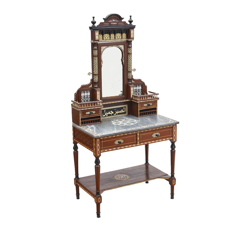 A Levantine Style Stone Top Simulated Bone Inlaid Lady's Vanity Auction