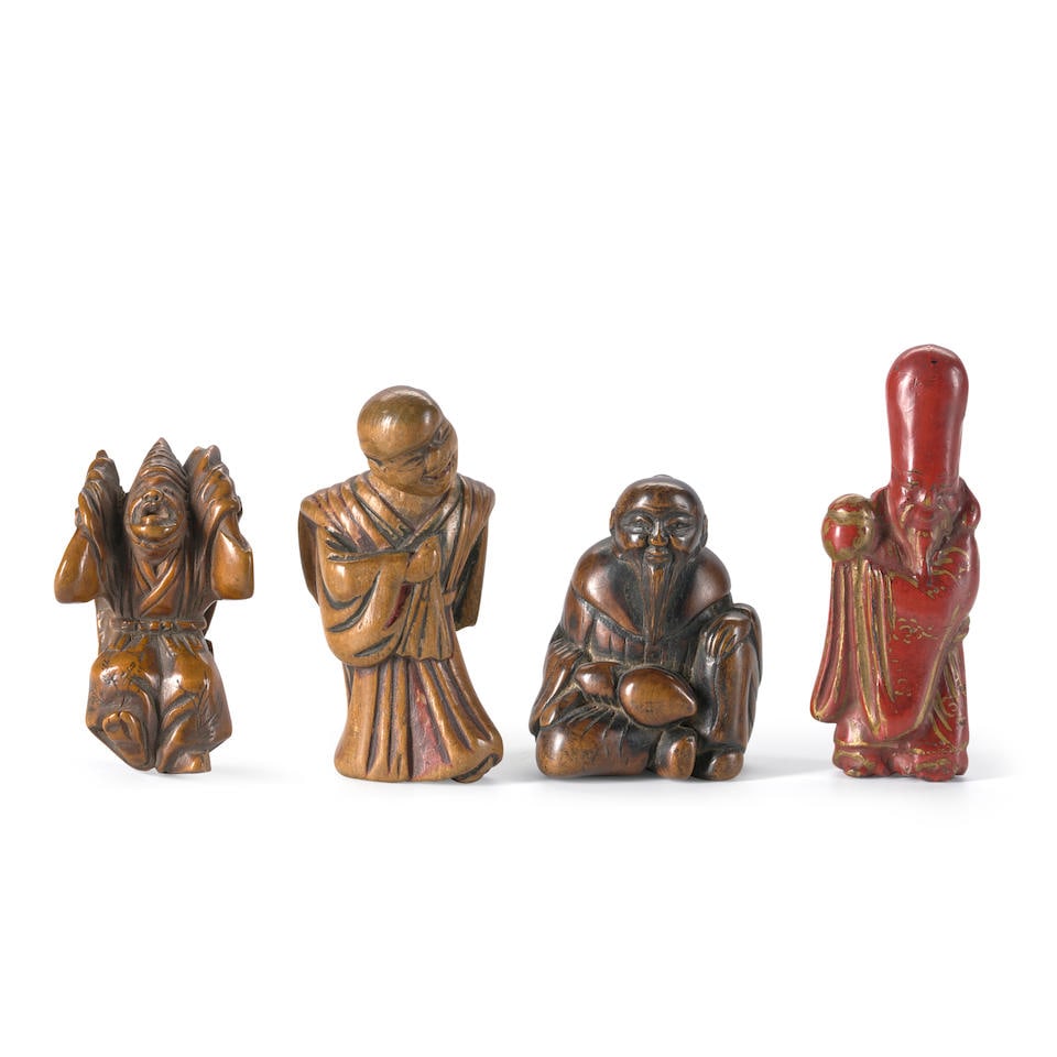 A Red-lacquered Fukurokuji And Three Other Figural Netsuke Edo Period ...