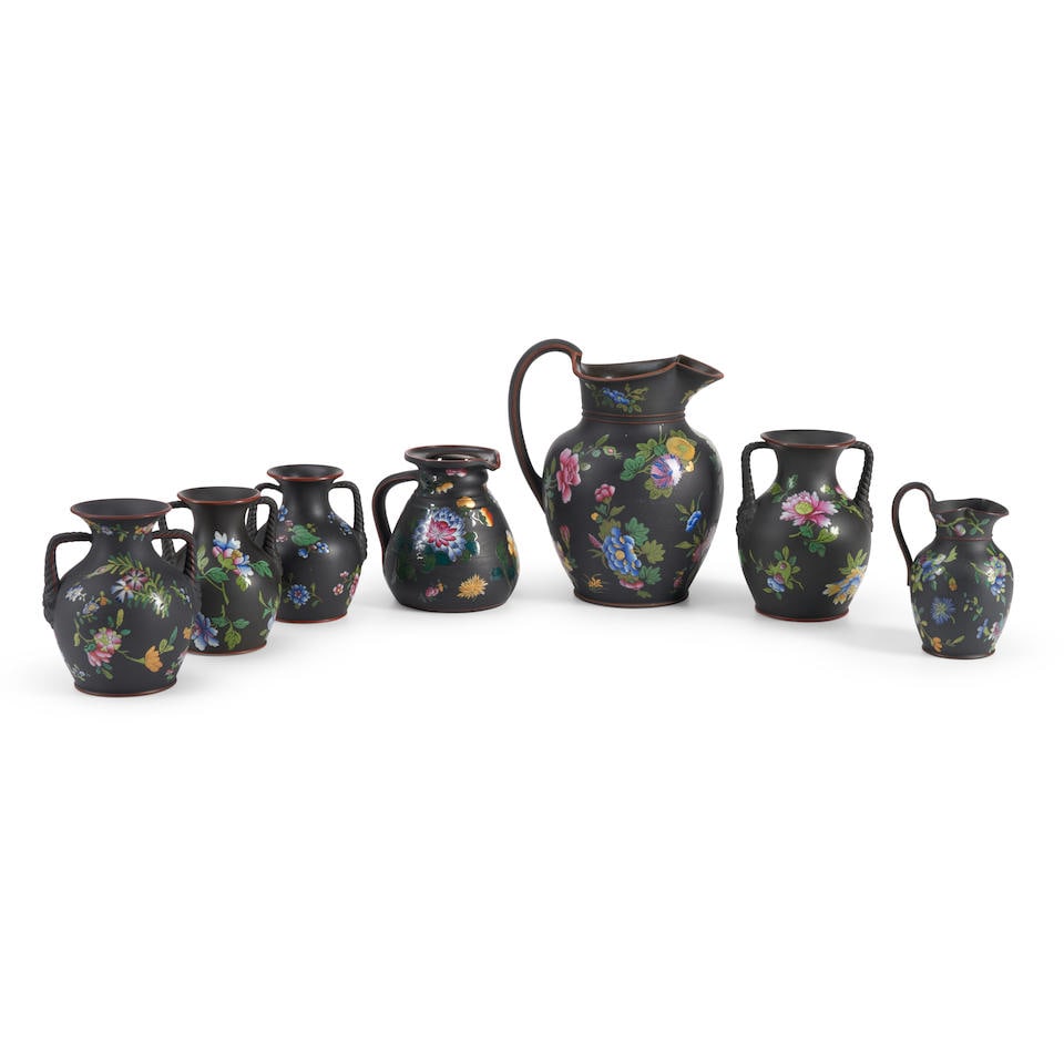Seven Wedgwood Enameled Black Basalt Items, England, 19th Century, Auction
