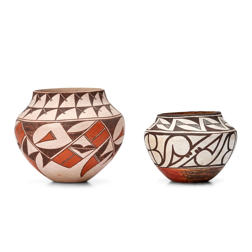Two Small Acoma Polychrome Jars Ht. 5, Wd. 5 1/2, Ht. 3 1/2, Wd. 5 In ...