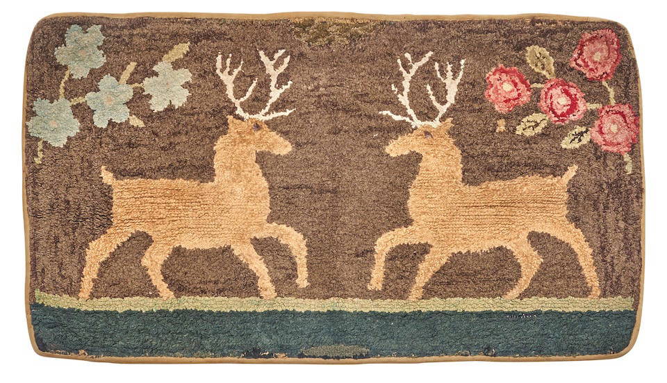 Clipped Hooked Rug With Two Stags 20th Century Auction