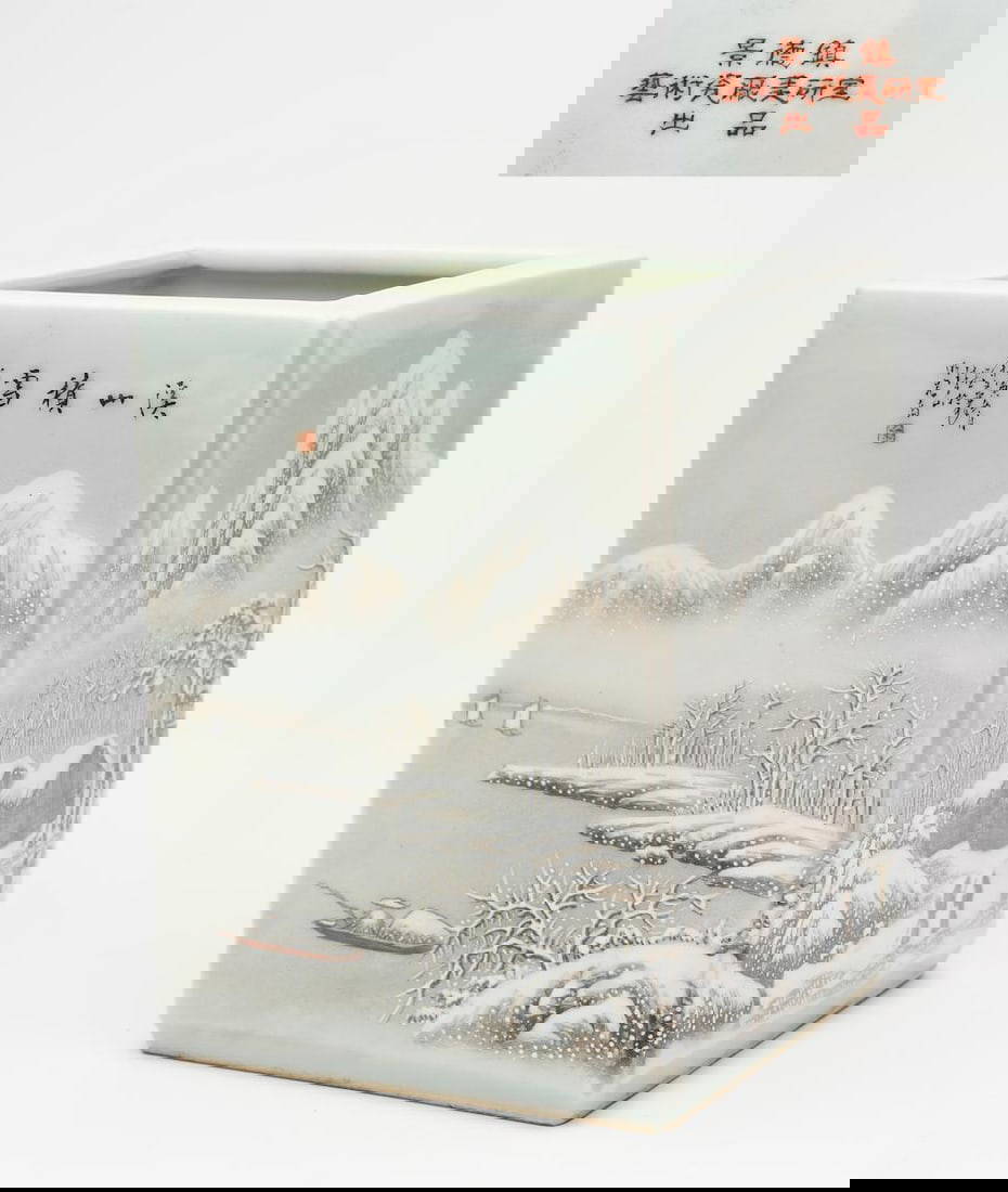 A Painted 'snow Landscape' Square Brush Pot Signed Yu Wenli, Jingdezhen ...
