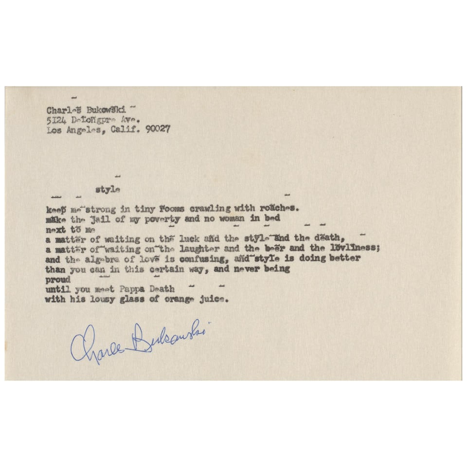 Rare Bukowski Work With Signed Poem. Bukowski, Charles. 1920-1994. All ...