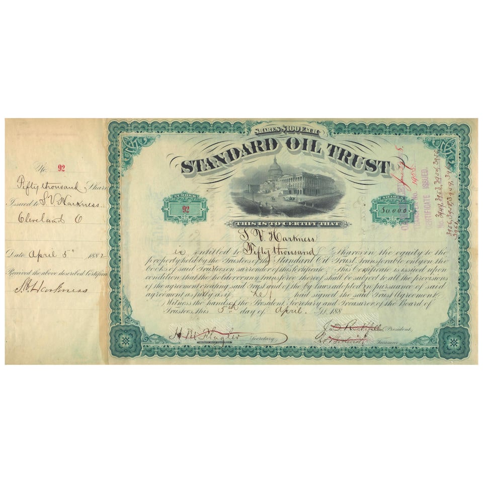 Rockefeller Signed Standard Oil Trust Share For Founder Harkness ...