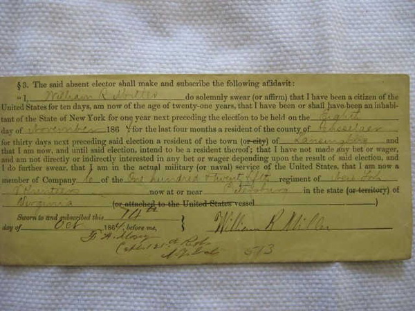 Soldier's Absentee Ballot Affidavit Election 1864