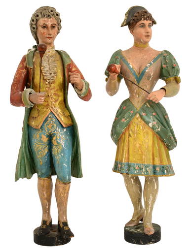 Two Carved & Polychromed Wood Carousel Band Organ Figures Of A Man & Woman