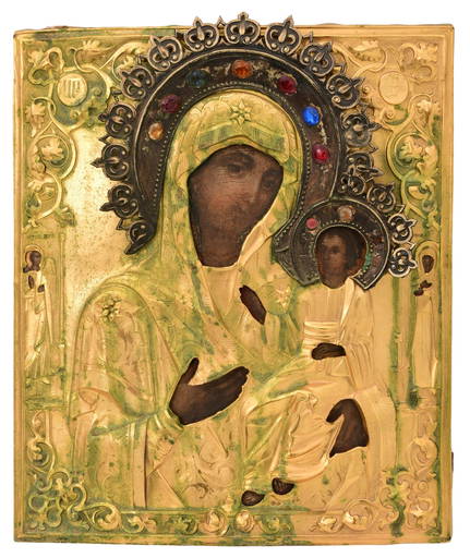Russian Jeweled Silver & Painted Wood Icon Of The Mother Of God
