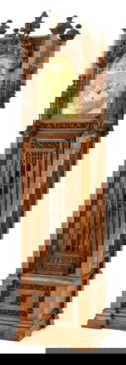 Walter H. Durfee & Co. Gothic Revival Oak Nine Tube Grandfather Clock