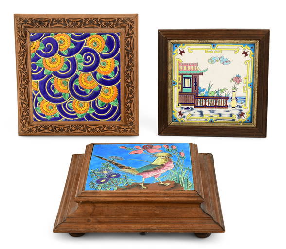 Three Longwy Pottery Plaques, Decorated With Flowers, A Bird And Structure