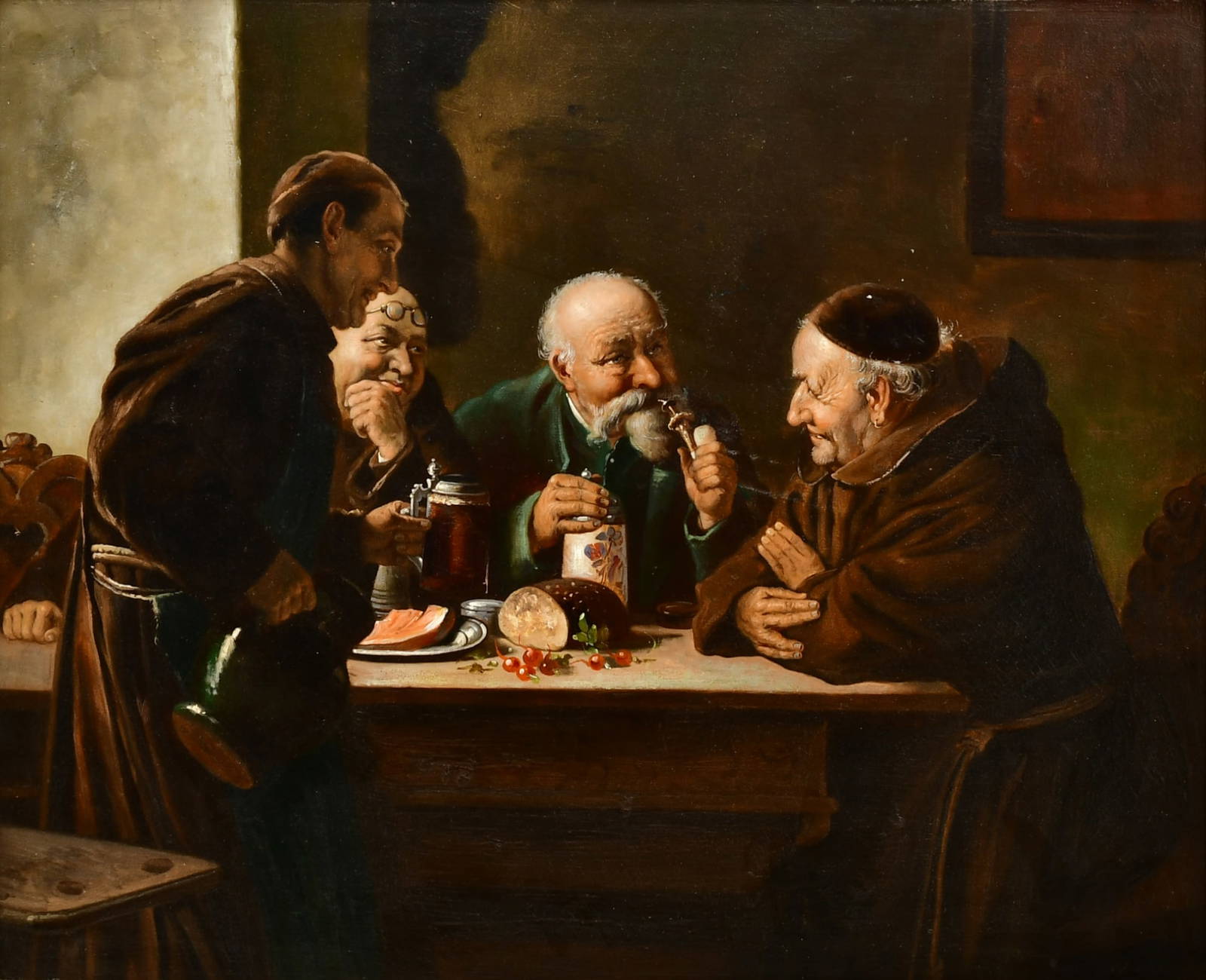 German Tavern Scene With Monks, Oil On Mahogany Panel Auction