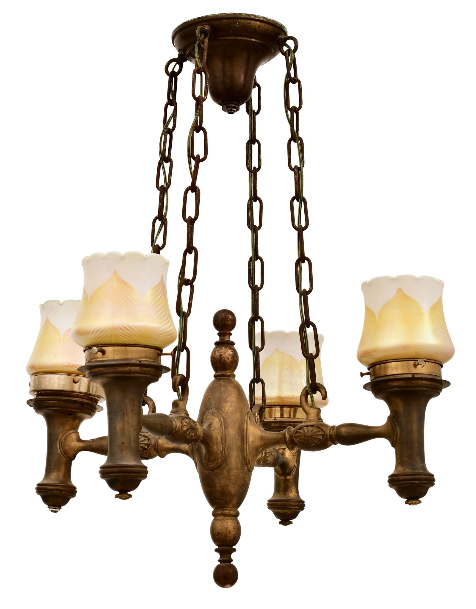 Attr. Duffner & Kimberly Bronze Chandelier With Quezal Art Glass Shades ...