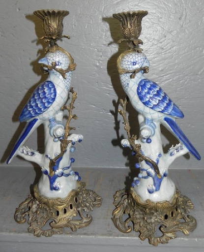 Porcelain And Brass Bird Candlesticks.