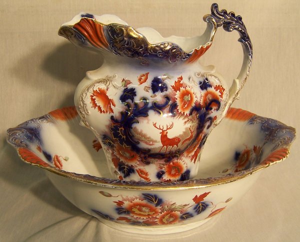 504: English flow blue jug & basin - Albion pottery