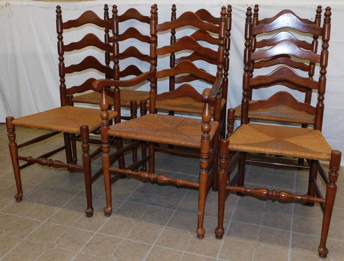 Set Of 6 Cherry Ladder Back Dining Chairs With Rush Seats