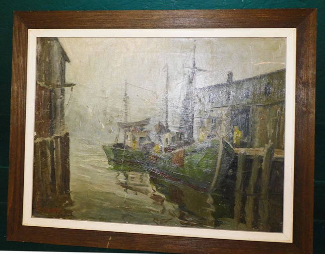 Antique Oil On Canvas Boat Dock Scene Signed