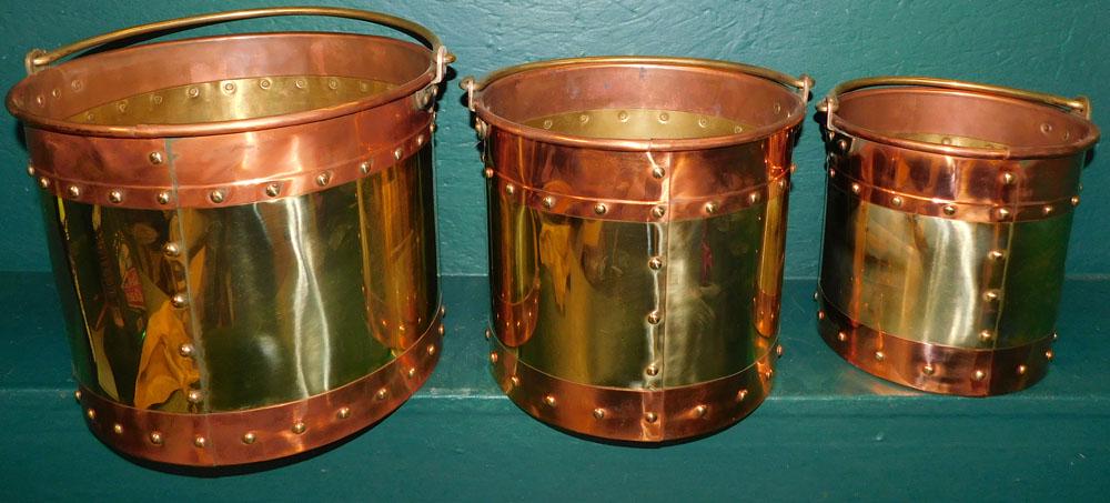 3 Brass & Copper Bound Graduated Buckets