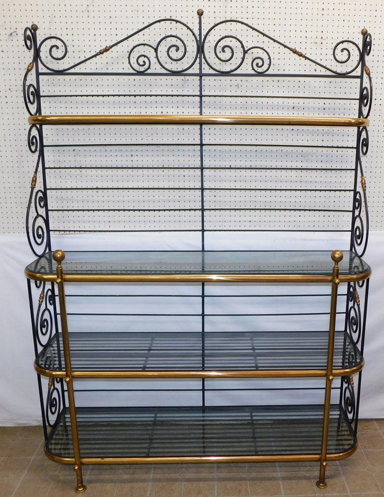 Painted Wrought Iron & Brass Bakers Rack With Glass Shelves