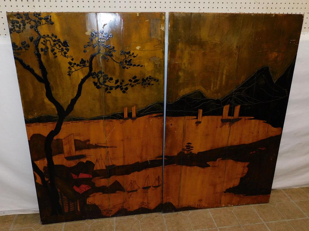 2 Painted Wood Oriental Style Panels