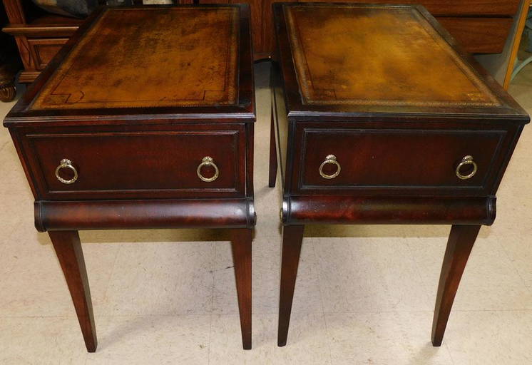 Pair Of Mahogany Tooled Leather Top End Tables