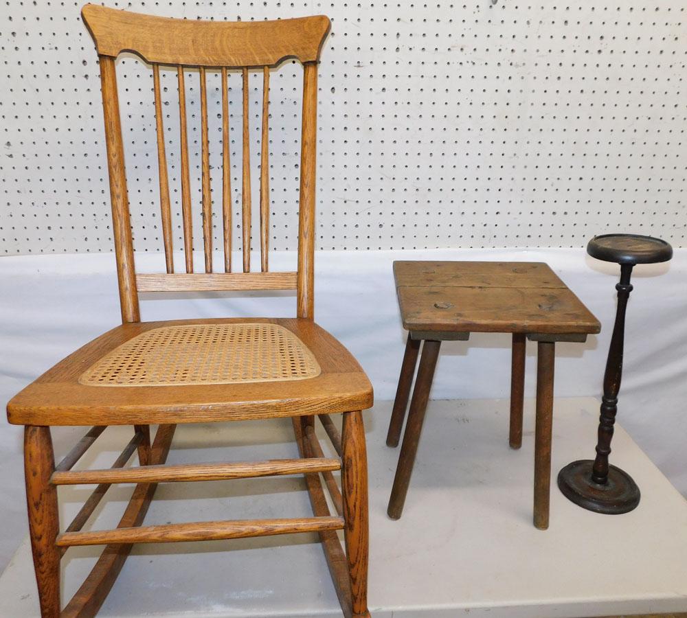 Antique Oak Rocker - Pine Stool - Smoking Stand Auction