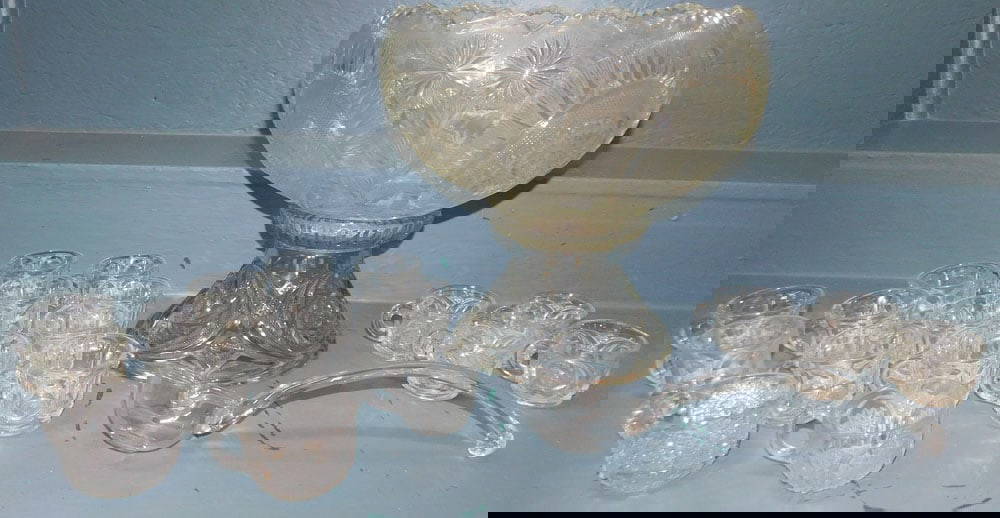 Pressed Glass Punch Bowl On Stand & Cups Auction